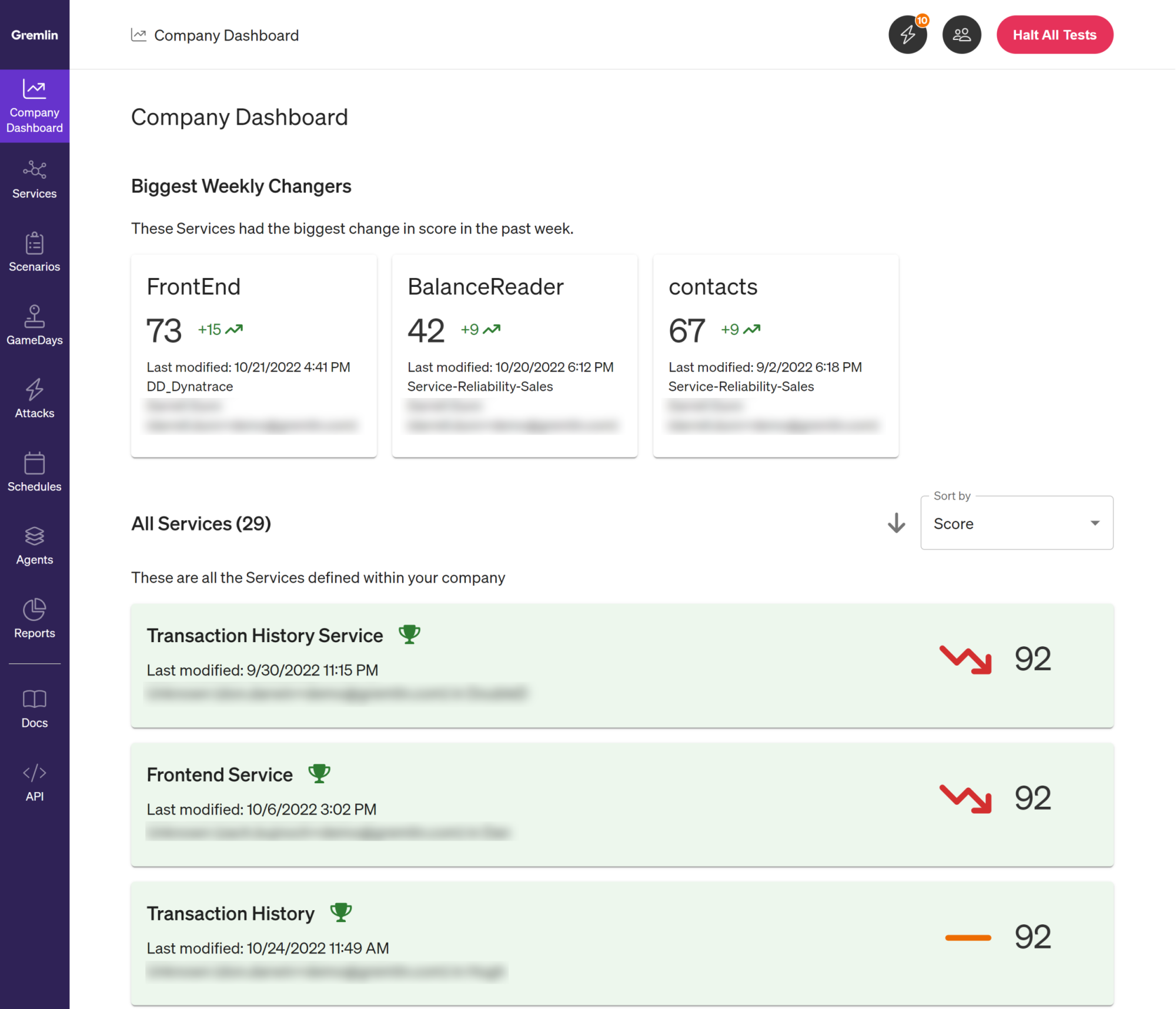Managing and improving reliability using Gremlin's Reliability Dashboard